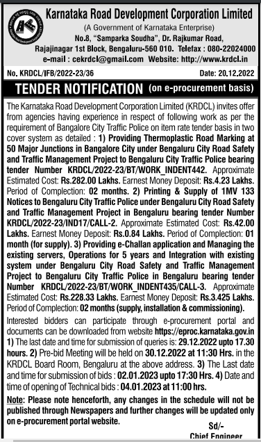Tender for providing Thermoplastic Road Marking at 50 Major Junctions ...